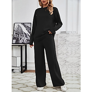 SuperPrity Lounge Sets for Women Two Piece Outfits Knit Sweater Top Wide Leg Pants Matching Sets Sweatsuits 2024 Fall Fashion-L,Black