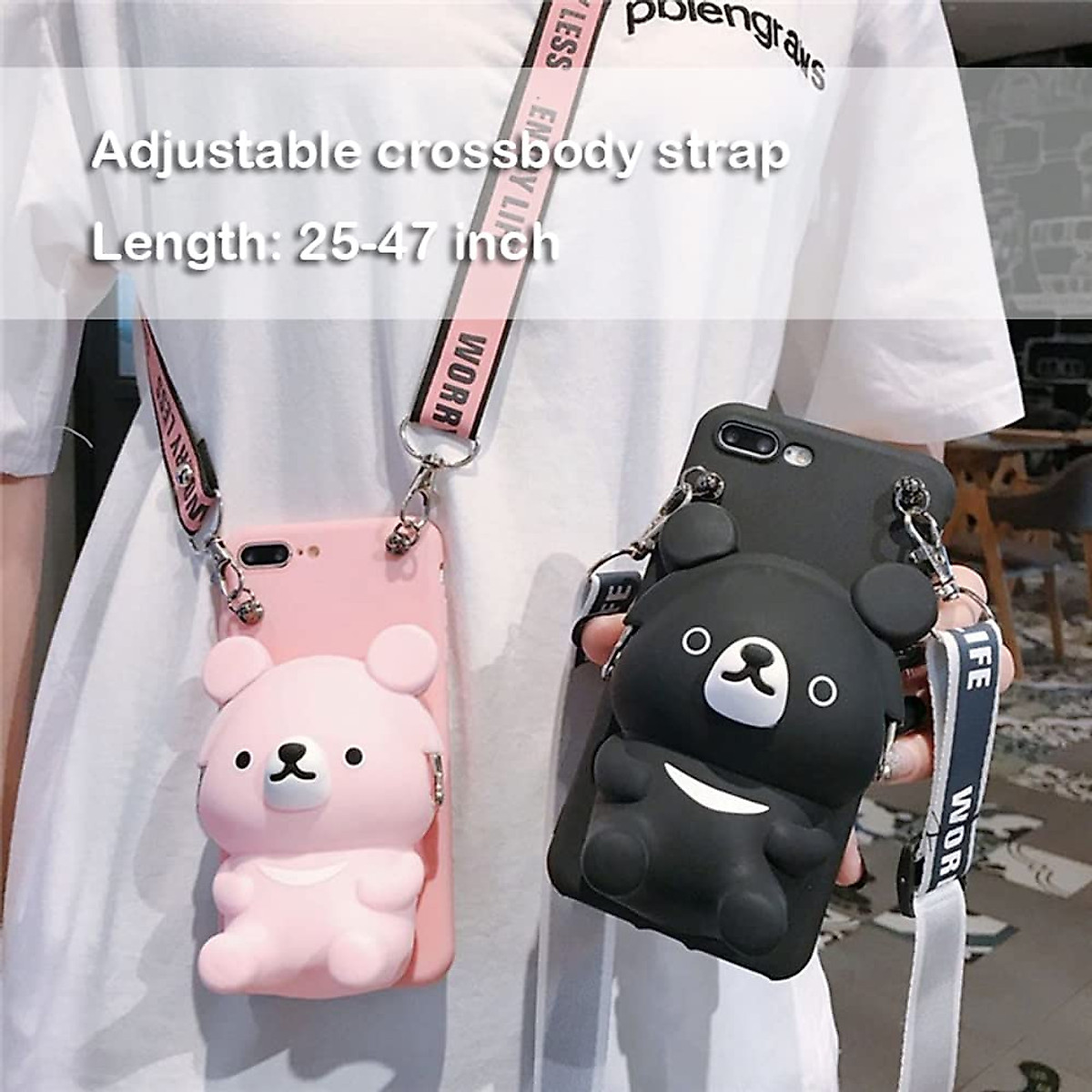 JIATAY Phone Cases for iPhone 15 Pro Max Case Wallet, Silicone 3D Cartoon Phone Zipper Wallet Case with Kawaii Lanyard for Women Girls (Bear Pocket Black, iPhone 15 Pro Max)