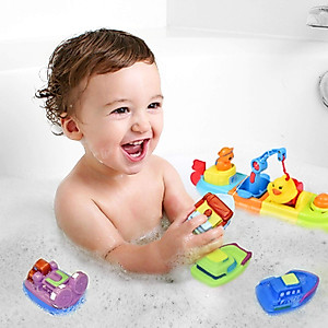 FUN LITTLE TOYS Baby Bath Toys, 7 PCs Toy Boats Include One Big Wind Up Bath Boat and 6 Bath Squirters Toy Boats, Birthday Gifts for Boys & Girls