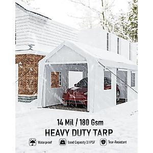 KYBOLT 10 x 20 Ft Heavy-Duty Carport, Portable Garage, 180g PE Waterproof Canopy and 8 x 1.0 mm Poles for Full-Size Pickup Trucks, Boats, and SUVs - White