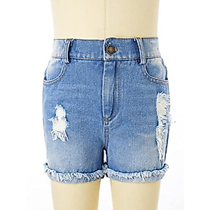 easyforever Girls Denim Shorts Stretch High Waisted Jeans Ripped Raw Hem Denim Shorts Cut Off Hot Pants with Pockets Light Blue 6 Years