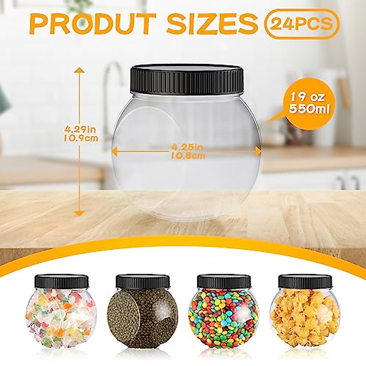 Tradder 24 Pack Plastic Candy Jars with Lids 19 oz Clear Cookie Jar Container Wide Mouth Candy Storage Jars for Candy Cookie Coffee Bean Nut Spices Canister Party Sweet Candy Gift Wrap Table
