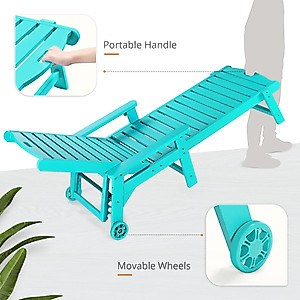 LUE BONA Chaise Lounge Chair with Table, 2-Piece, HDPS Material, 3-Year Warranty, Patio Lounge Chairs with Adjustable Backrest, Resin Pool Lounge Chairs with Wheels for Outside, Aruba Blue