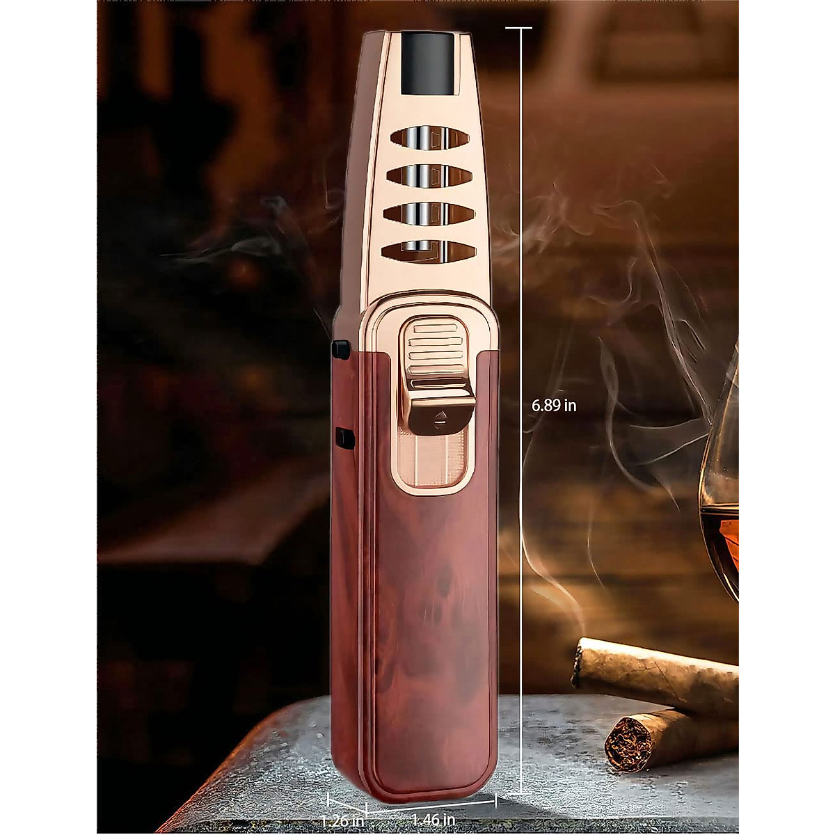 Butane Torch Lighter Refillable Windproof Cooking Lighters with Safety Lock and Adjustable Jet Flame for Candle Fireplace Kitchen Camping Grill Outdoor (Red Mahogany)