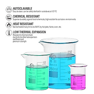 Glass Beaker Set, 4 Pack Graduated Measuring Beakers 25ml 50ml 100ml 200ml Low Form Griffin Thick Wall Lab Beakers with 4 Pcs 1ml Glass Pipette