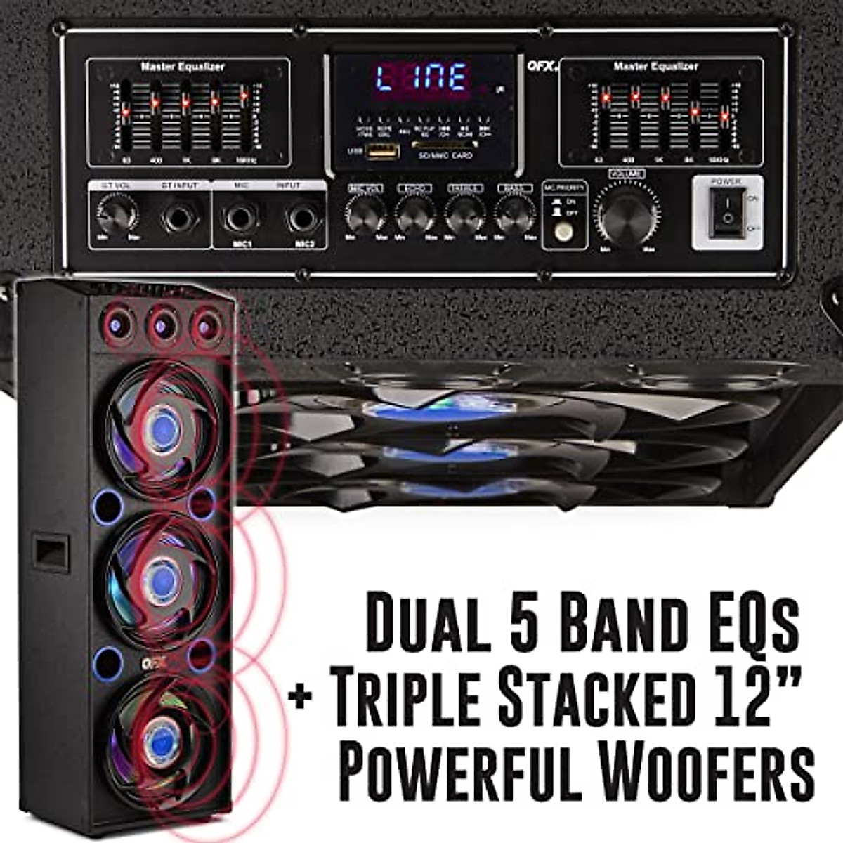 QFX SBX-412300BT TWS Bluetooth Triple 12” Woofer Triple 1” Tweeter Recording High-Performance PA Cabinet Speaker with 10-Band Graphic EQ, 2 Microphone Inputs, Guitar Input, and AUX Input, Blue