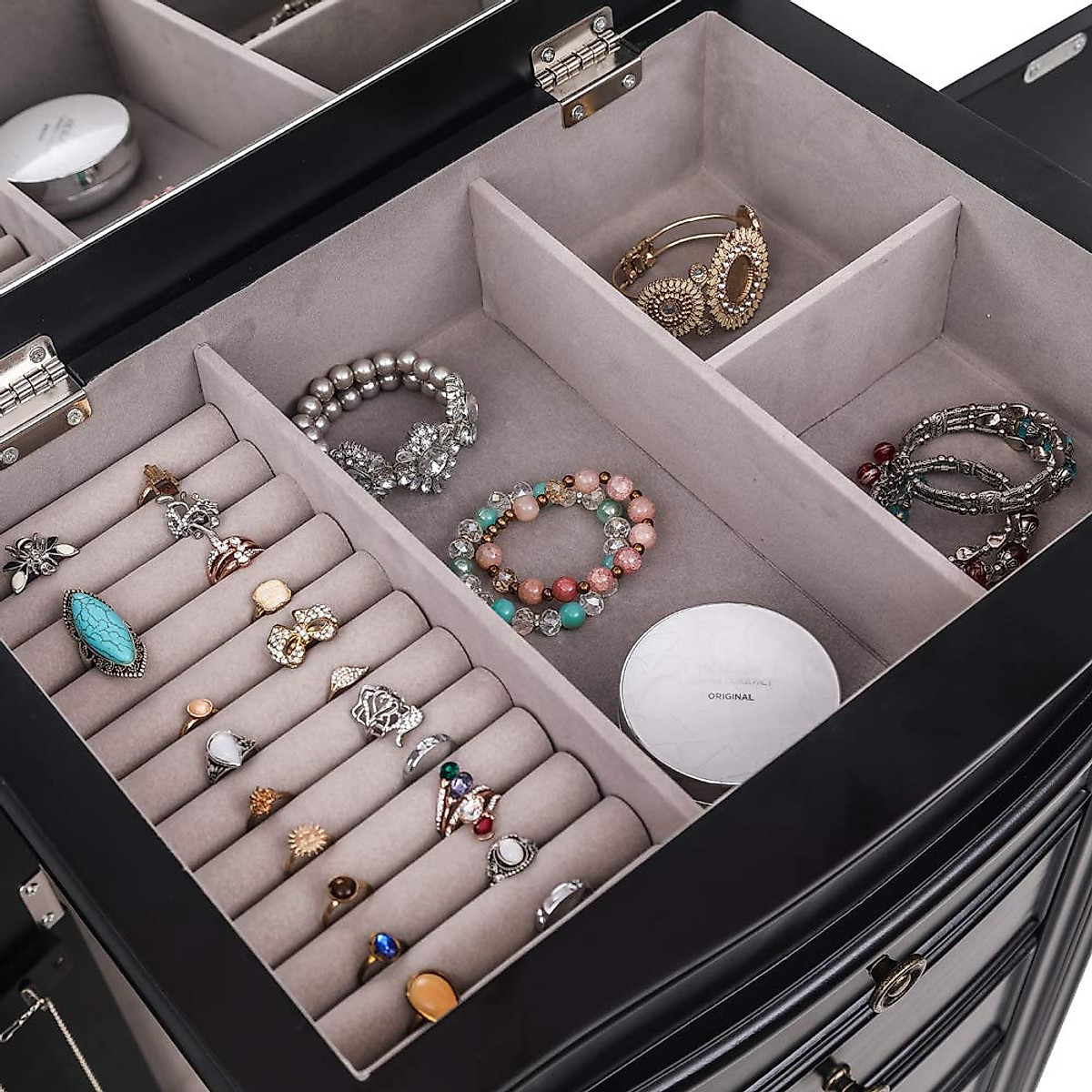 EEBUIHUI Standing Jewelry Armoire Cabinet Storage Chest with 7 Drawers, 2 Swing Doors, 24 Necklace Hooks, Makeup Mirror Storage Organizer, Large Standing Jewelry Armoire (Black)