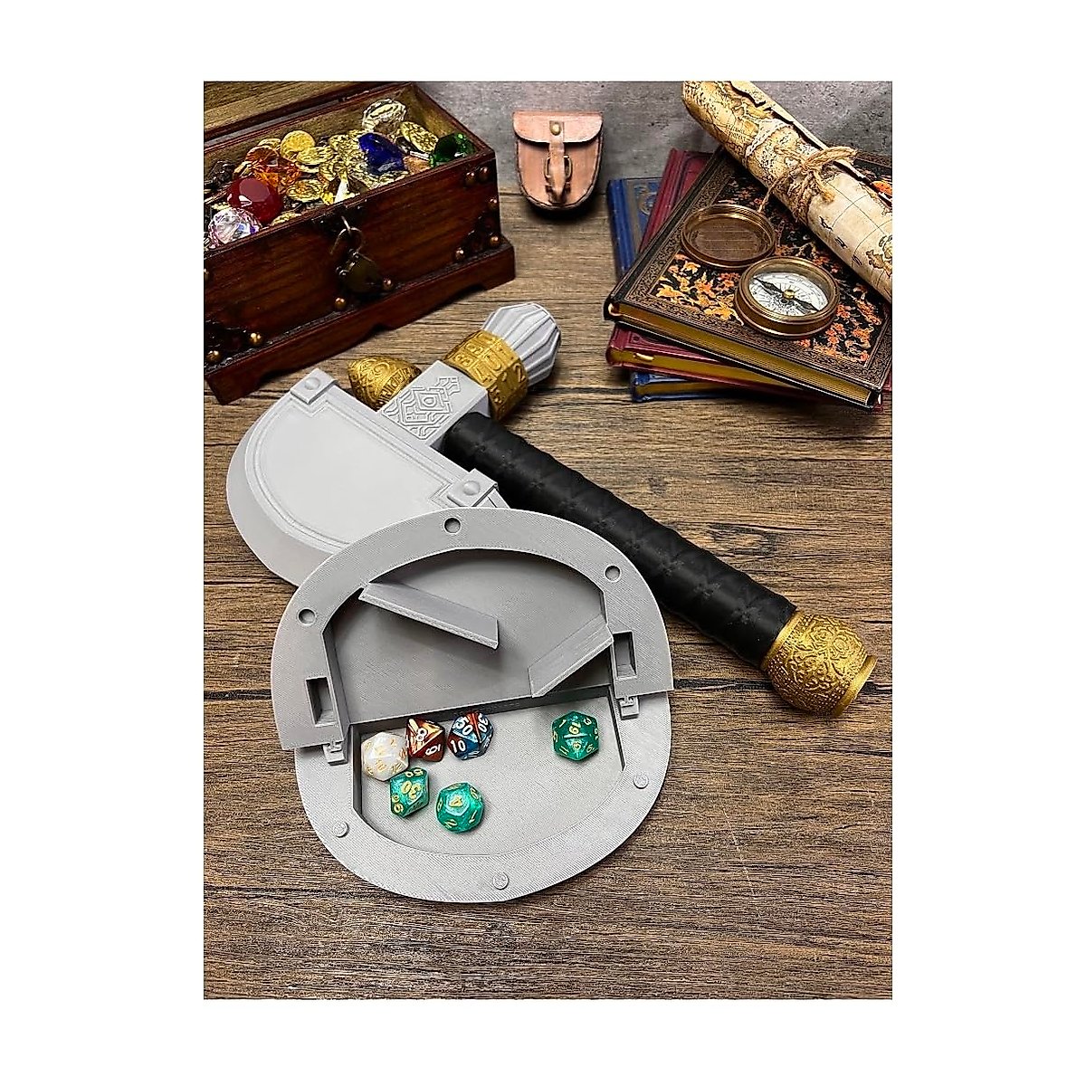 MunnyGrubbers - Axe Dice Holder & Dice Tray with Health Tracker - (Random 7PCS D20 Dice Set Included) - Tabletop Roleplaying Game - Dice Storage - Dice Roller - DND - Dungeons and Dragons - (Silver)