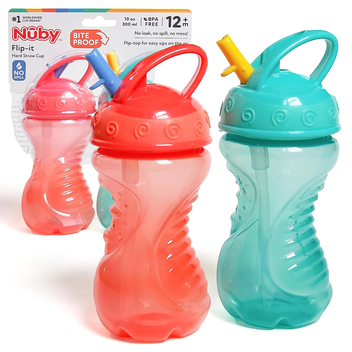 Nuby 2-Pack Flip-It Easy Grip Cups with Easy-Flo Straw, 10 Ounce, Colors May Vary