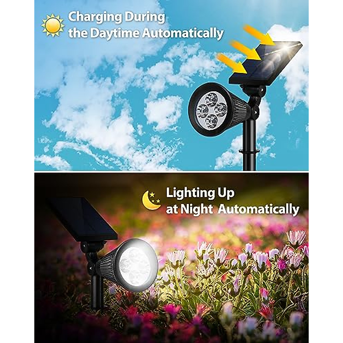 FALOVE Solar Lights, 2-in-1 Waterproof 4 LED Solar Spotlight Adjustable Wall Light Landscape Light Security Lighting Dark Sensing Auto On/Off for Patio Deck Yard Garden Driveway Pool Area(2 Pack)