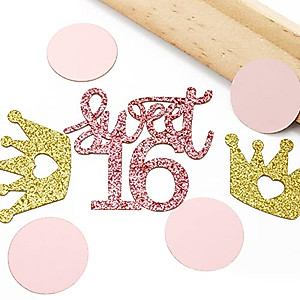 Sweet 16 Confetti, Rose Gold Glitter Sweet 16, Gold Glitter Crown and Pink Circles Confetti, Sweet 16th Birthday Party Decorations, Sweet Sixteen Party Decorations, 300 Pcs