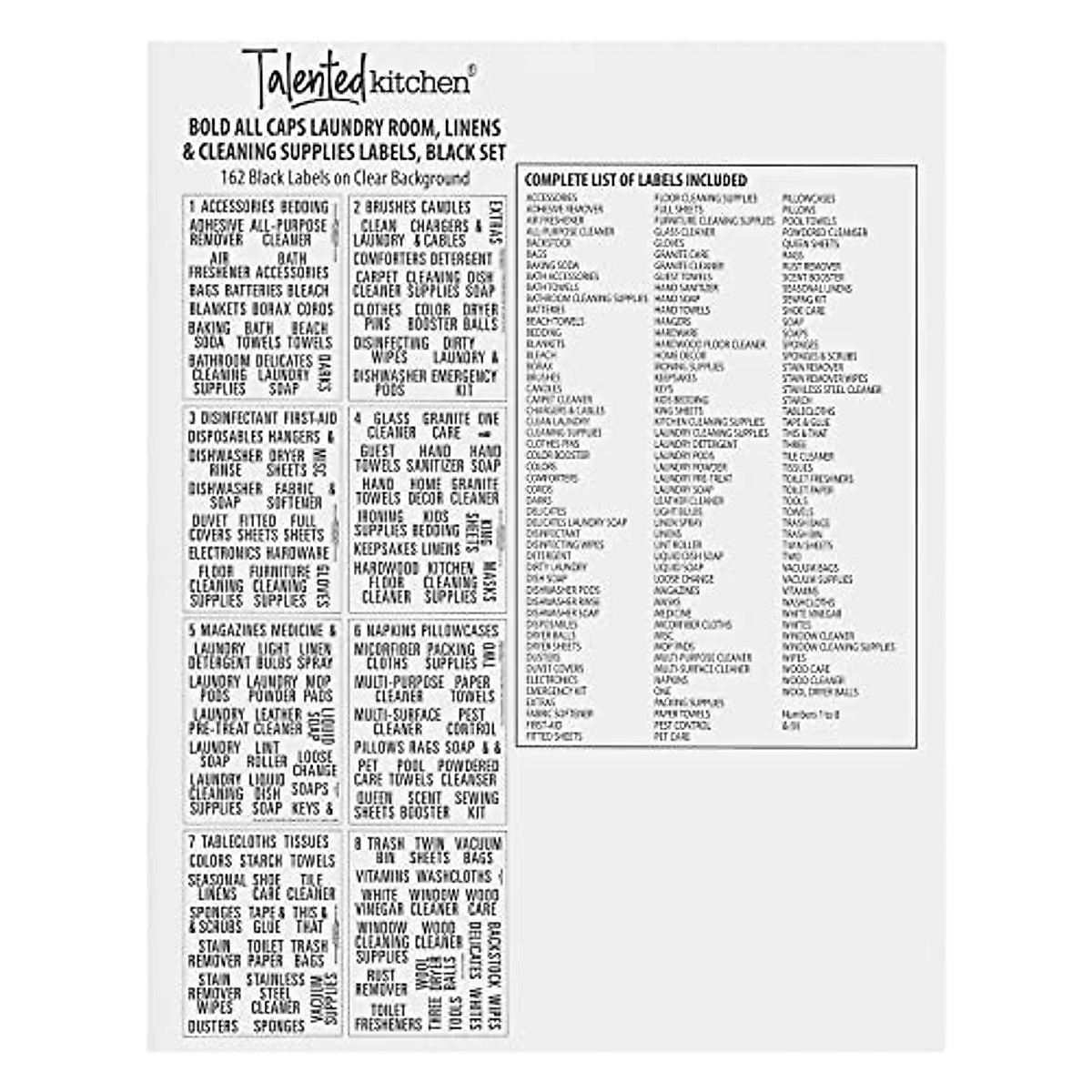 162 Pieces Laundry Room Labels, Bold All Caps Black Print on Clear Stickers for Linen Closet, Cleaning Supplies (Water Resistant)