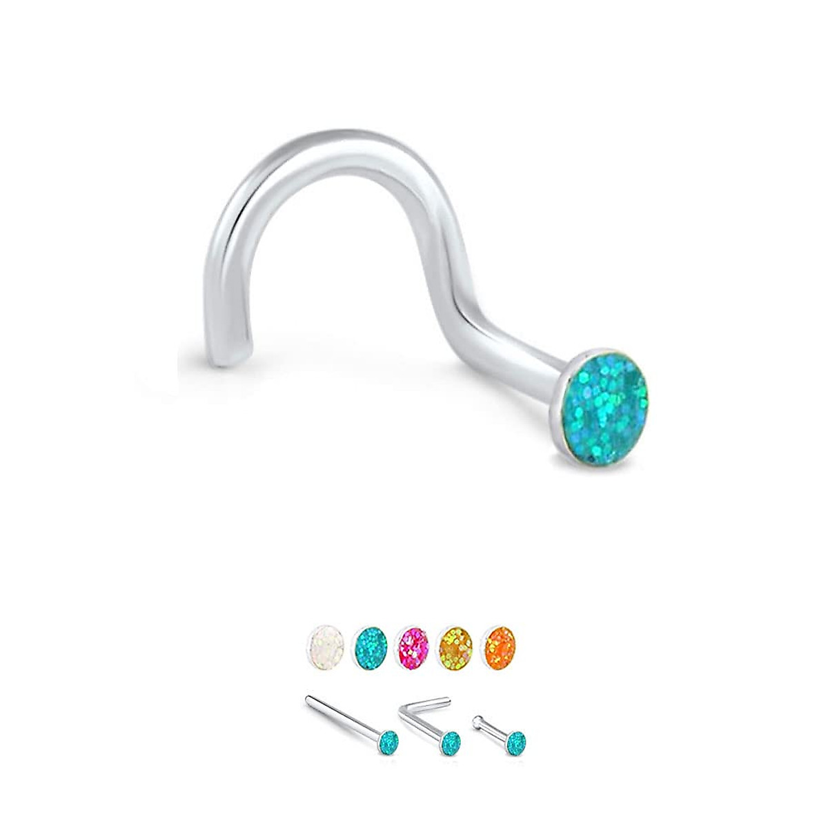 925 Sterling Silver LBend Nose Stud Ring 3mm Orange Glitter Disc 22G