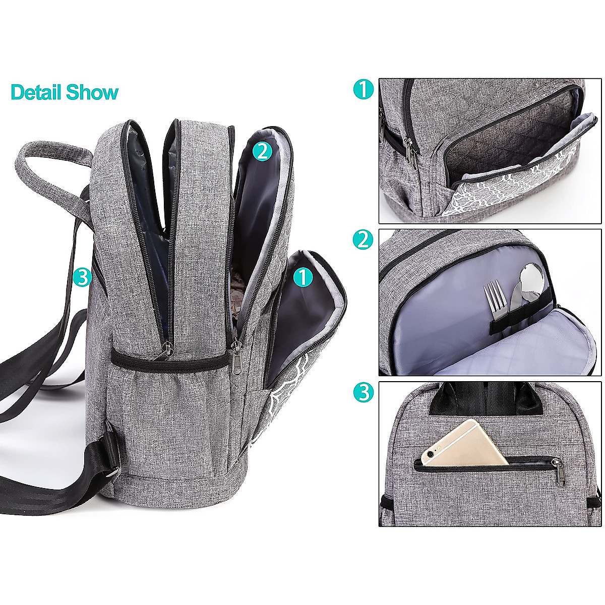 AmHoo Insulated Lunch Box Bag Reusable Cooler Backpack Double Zippers Waterproof Multiple Pockets Quilted For Women Hiking Beach Picnic Trip,Black