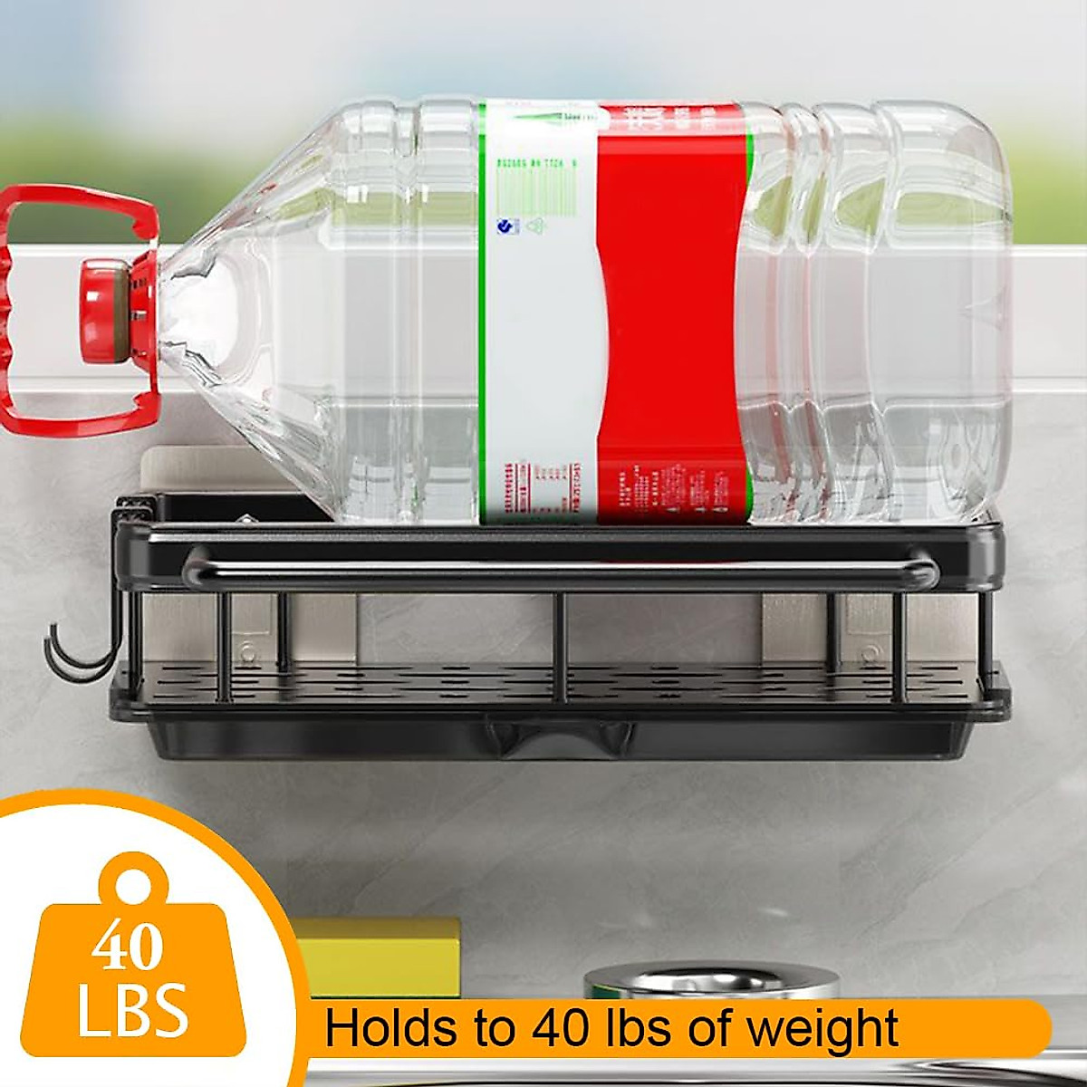 YOMEAN Self Adhesive Sponge Holder, Kitchen Wall Mount Sink Caddy Aluminum Drying Drain Rack Storage,Peeler, Brush, Soap, Cloth Rag,Towel Organizer with Removable Drip Tray for Countertop,No Drilling