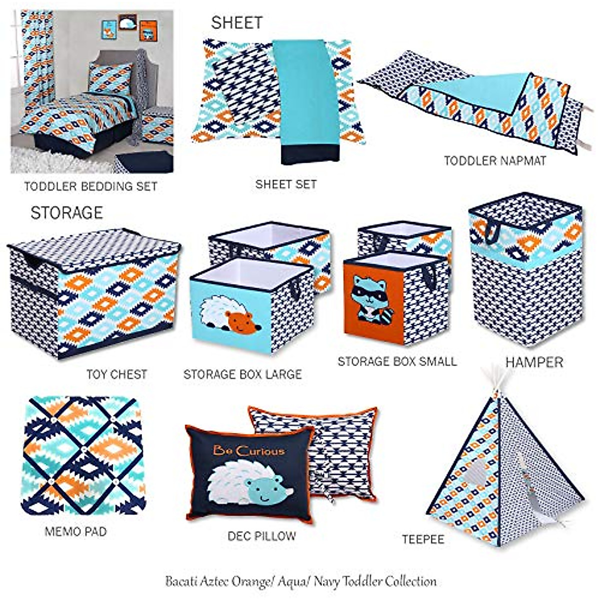 Bacati Liam Aztec Kilim Cotton Percale Crib/Toddler Bed Fitted Sheets 2 Piece, Aqua/Orange/Navy