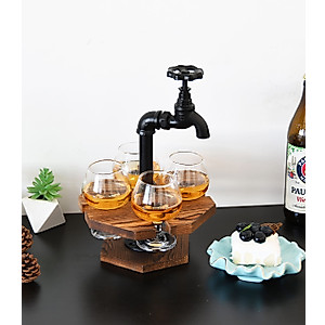 Owlgift Industrial Pipe & Burnt Wood Beer/Whiskey Flight Set with 4 Glasses, Cast Iron Faucet Spigot Design
