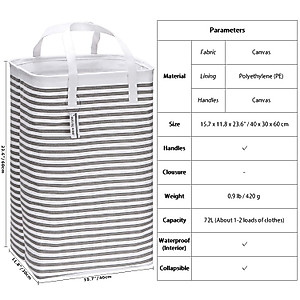 Sea Team 23.6" Large Size Canvas Fabric Laundry Hamper Collapsible Rectangular Storage Basket with Waterproof Coating Inner and Handles, Purple & White Stripe
