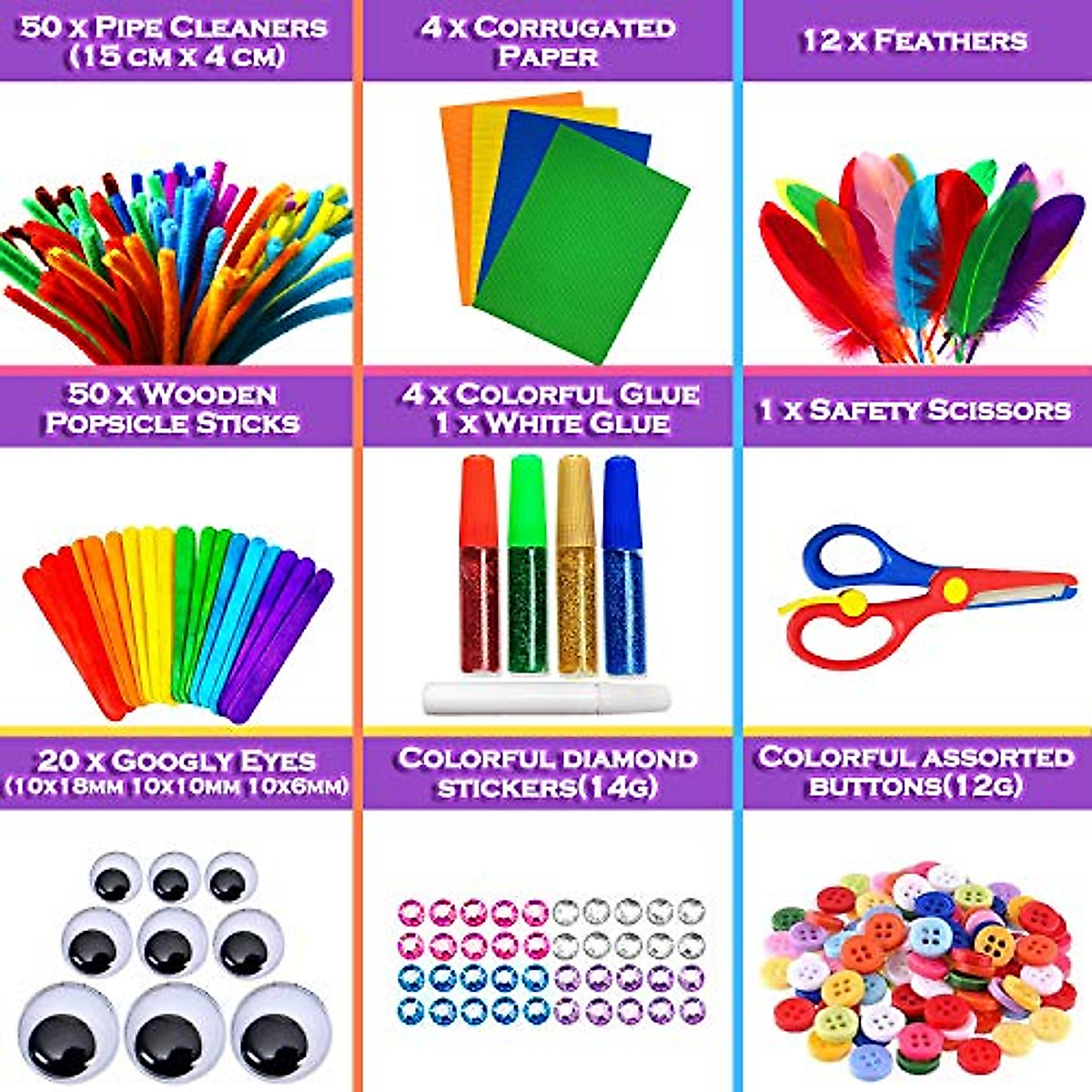 MOISO Kids Crafts and Art Supplies Jar Kit - 560+ Piece Set - Make Bracelets and Necklaces - Plus Glitter Glue, Construction Paper, Colored Popsicle Sticks, Google Eyes, Pipe Cleaners…