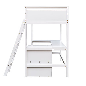 Harper & Bright Designs Twin Loft Bed with Desk and 3 Shelves, Solid Wood Twin Size Loft Bed Frame with Angled Ladder for Kids Teens Boys Girls, No Box Spring Needed (White)