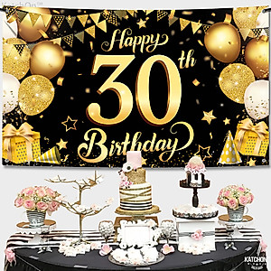 KatchOn, Happy 30th Birthday Backdrop - Large, 72x44 Inch | Black and Gold 30th Birthday Decorations | Happy 30th Birthday Banner for 30th Birthday Party Men, Women