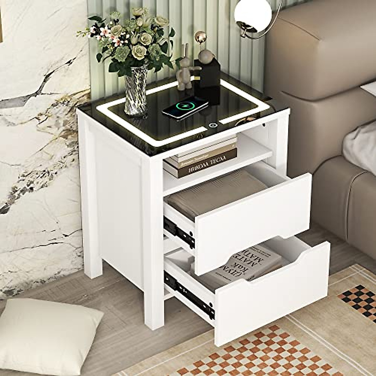 Modern Nightstands with Wireless Charging and Adjustable LED, Wooden End Side Table with 2 Storage Drawers and Open Shelf, Bedside Table for Bedroom Living Room Office, White