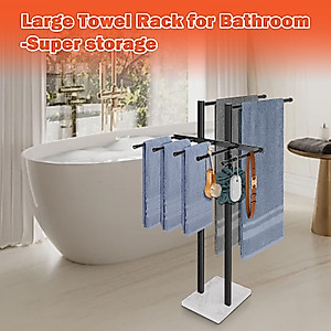 HarJue Towel Rack for Bathroom, 34” H Towel Holder Stand with 7 Bar, Bath Towel Sheet Holder with Marble Base, Standing Towel Rack for Home Pool Outdoor Floor, Store Family Member Towel (Black)