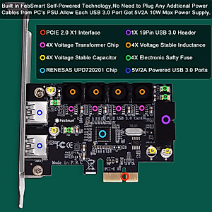 FebSmart 1X 19Pin USB 3.0 Header and 2X USB-A Ports PCIE USB 3.0 5Gbps Expansion Card for Windows and Linux Desktop PCs, Built in Self-Powered Technology, No Need Additional Power Supply (FS-HA-Pro)