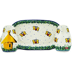 Polish Pottery Salt and Pepper 3-Piece Set made by Ceramika Artystyczna (Bee Happy Theme) Signature UNIKAT + Certificate of Authenticity