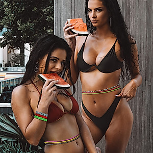 Taouzi 48 Pieces Waist Beads for Women Colorful Beaded Body Chain Elastic String Waist Chain Beach Bikini Belly Chains for Women