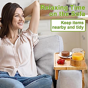 Lorbro Couch Arm Table, Couch Arm Tray with 360° Rotating Cup Holder, Bamboo Sofa Arm Tray for Couch, Foldable Sofa Armrest Tray, Clip on Side Table for Eating, Snacks, Remote, Drinks, No Installation