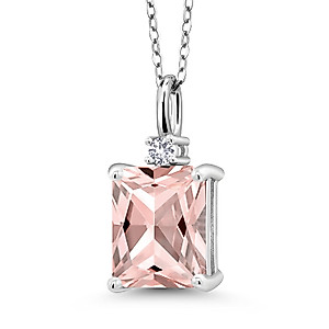 Gem Stone King 925 Silver Peach Nano Morganite and White Created Sapphire Pendant Necklace For Women (3.24 Cttw, Gemstone October Birthstone, Emerald Cut 10X8MM with 18 Inch Silver Chain)