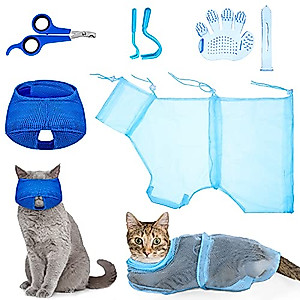 5 Pieces Cat Bathing Bag Set Cat Grooming Bag Adjustable Pet Shower Net Bag Cat Muzzles Anti-Bite Anti-Scratch Nail Clipper Tick Remover Tool Massage Brush for Pet Bathing Cleaning Trimming (Blue)