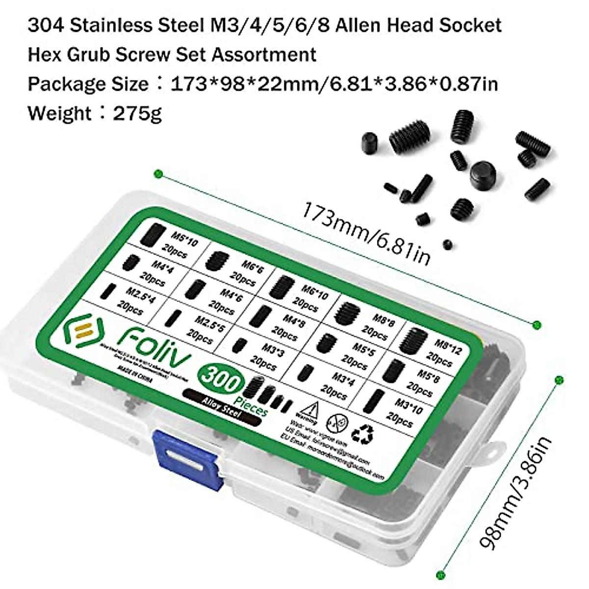 FOLIV Set Screws - 300Pcs Hex Allen Head Socket Set Screw Assortment Kit - M2.5/M3/M4/M5/M6/M8 Grub Screw with Internal Hex Drive (Black)