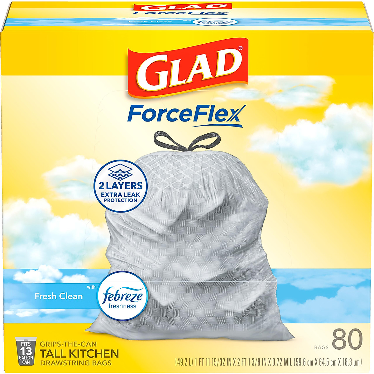 GLAD ForceFlex Tall Drawstring Trash Bags, 13 Gallon Grey Trash Bags for Tall Kitchen Trash Can, Fresh Clean with Febreze Freshness to Eliminate Odors, 80 Count - Packaging May Vary