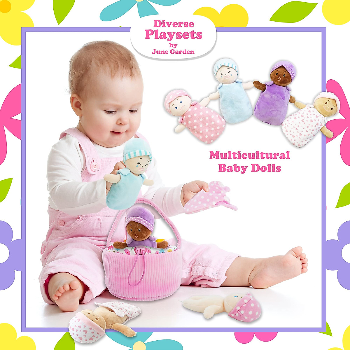 June Garden My First Basket Plush Baby Doll Set - Includes 1 Basket and 4 Multicultural Soft Plush Babies with Emotional Expressions for Infants and Toddlers Birth and Up