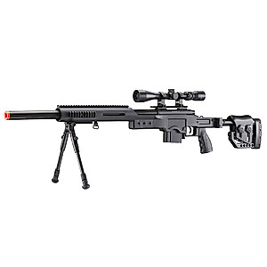WF 410 High FPS Airsoft M24 Bolt Action Tri Rail Airsoft Rifle with Scope & Bipod - Black
