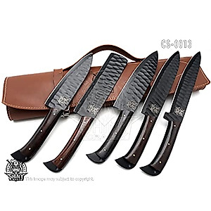 SHINY CRAFTS | Handmade Forged Black Coated Kitchen Knife Set with Wangi wood handle and Damascus Steel Blade, Chef’s Knives set with Leather Pouch Roll and Razor-Sharp Blade (CS-13)