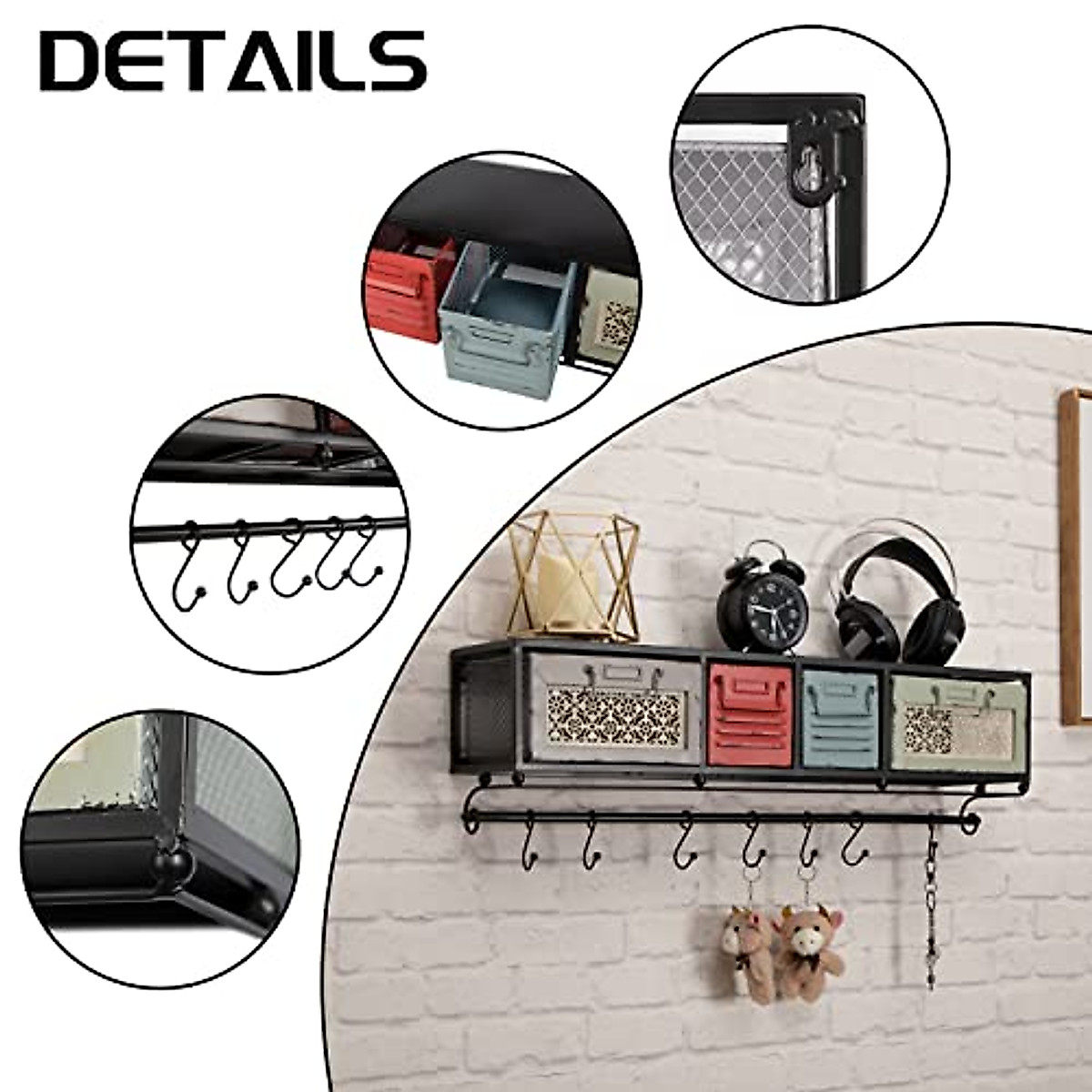 AcozyHom Metal Wall Mounted Coat Rack with Hooks and 4 Drawers, 30.3"(L) x6.7(W) x11.8(H), Home Entryway Wall Hanging Shelf, Iron Storage and Display Organizer for Coats, Hats, Keys, Cups, Colorful