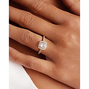 PAVOI 14K Gold Plated Square Halo Engagement Rings | Premium Cubic Zirconia Promise Eternity Ring for Women | Wedding Bands (Yellow Gold, 7)