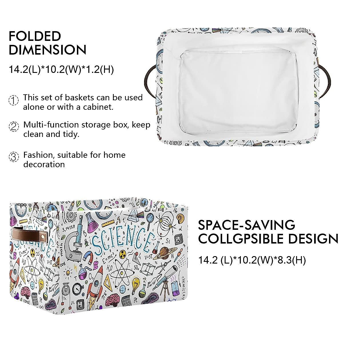 AUUXVA Education Science Chemistry Storage Bins Basket, Collapsible Storage Cube Rectangle Storage Box with Handles for Shelf Closet Nursery Bedroom Home Office 2 Pack