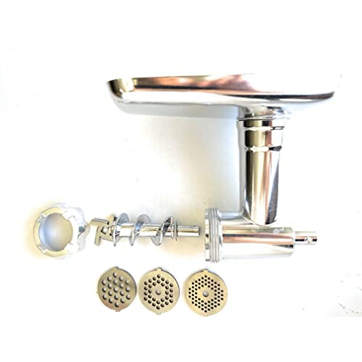 Meat Grinder attachments with feed tray, chute, and blade, Silver, 15x7