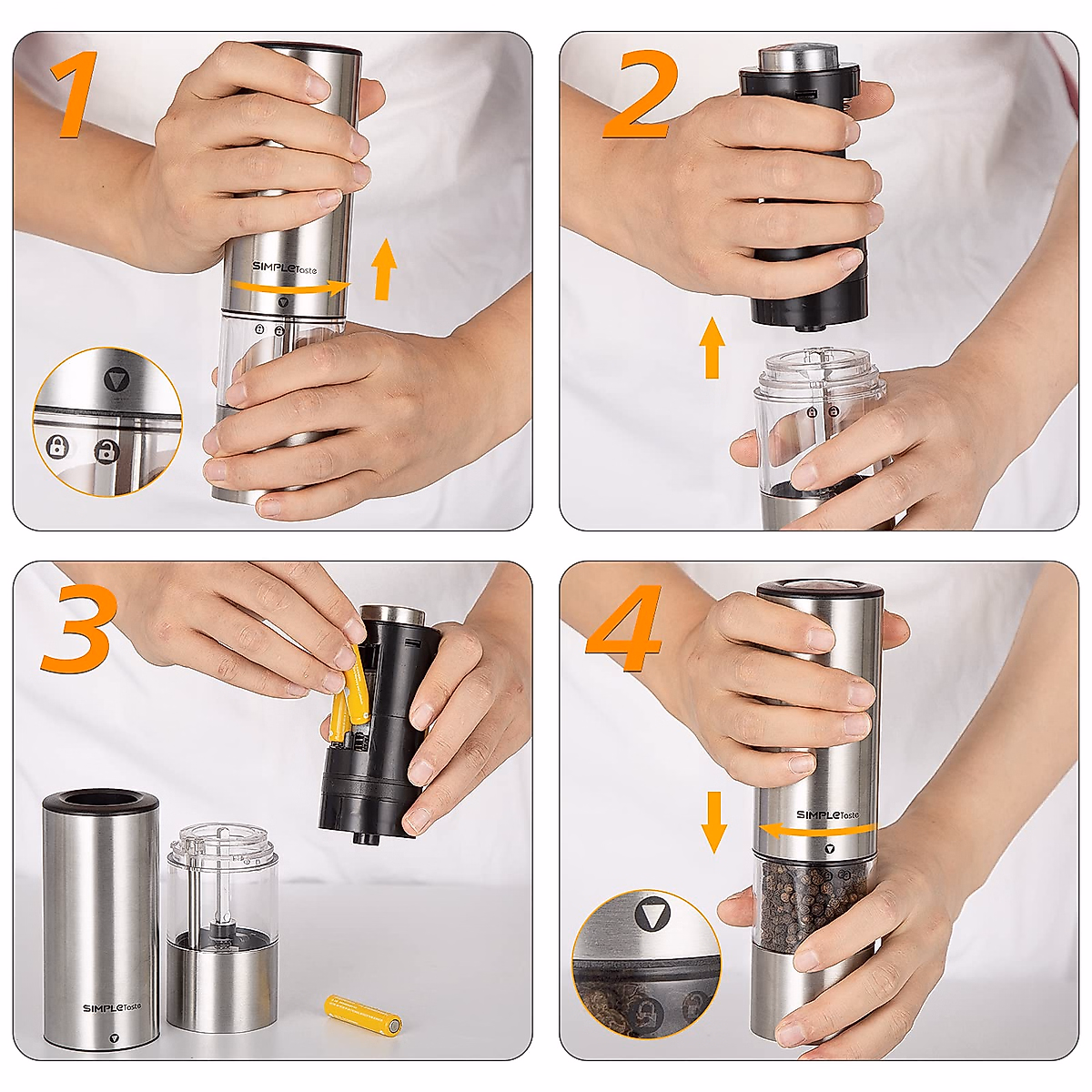 SIMPLETASTE Electric Salt and Pepper Grinder Set, Automatic One Handed,Stainless Grinders with Lights and Adjustable Coarseness,Battery Operated