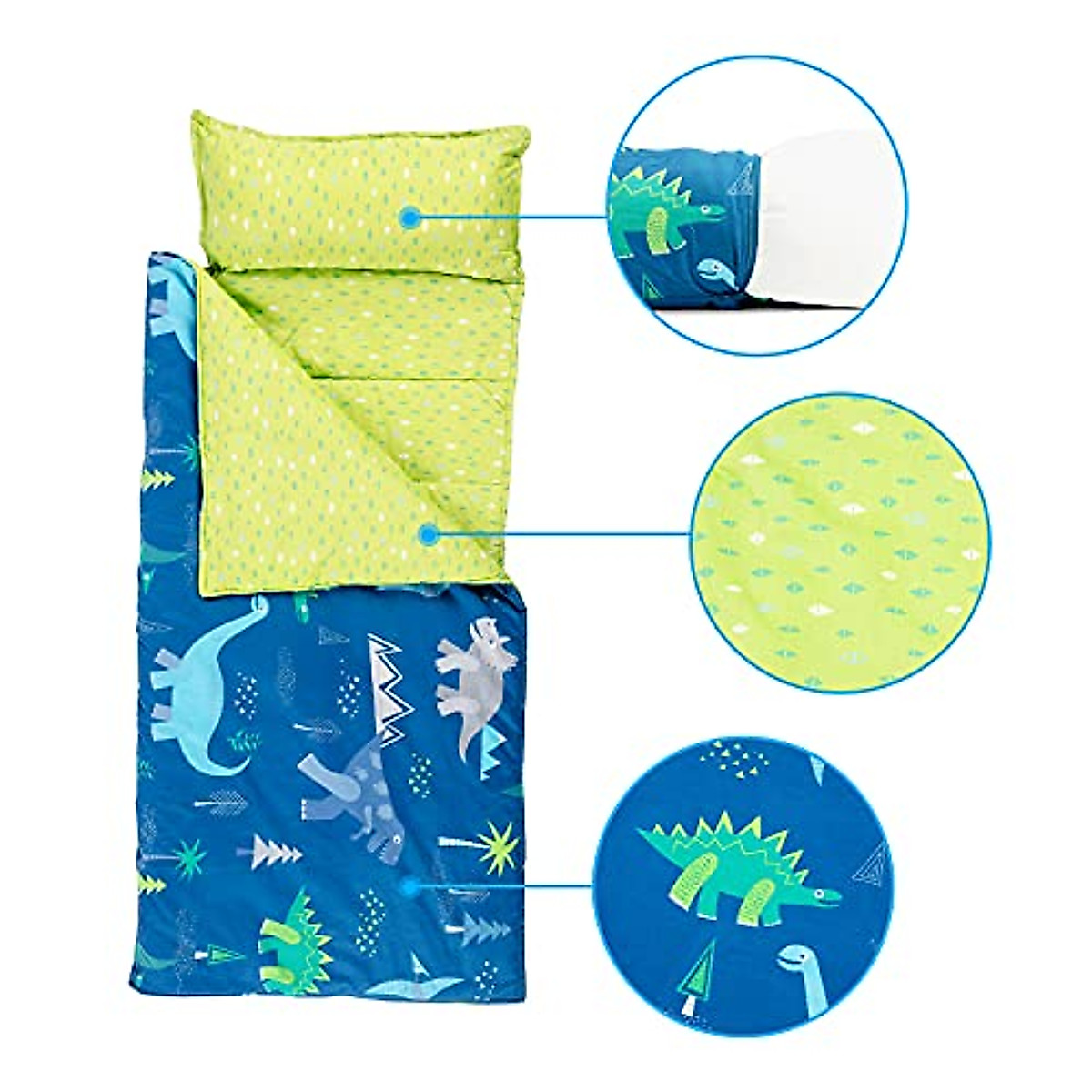 NEDVI Toddler Nap Mat with Carry Bag,Sleeping Bag with Removable Pillow,Measure 55x 21 x 1.5 Inches,Toddler Travel Bed,Lightweight - Cotton Soft,for Preschool, Daycare, Camping-Dinosaur