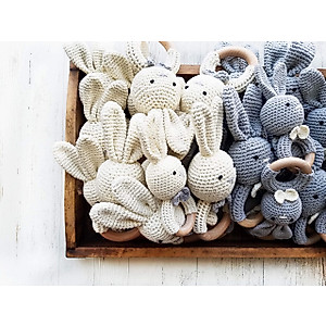 Natural Wooden Baby Toys Cotton Crochet Bunny Teething Ring Teether Rattle Set of 2 Newborn Unisex Baby (Grey Mama White Baby)