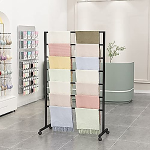 Freestanding Metal Scarf Display Rack with Wheels, Hanging Silk Shawl Fabric Pant Sheet Towel Organizer Rack, Tie Holder, Accessory Storage Rack for Clothing Retail Store Boutiques Home