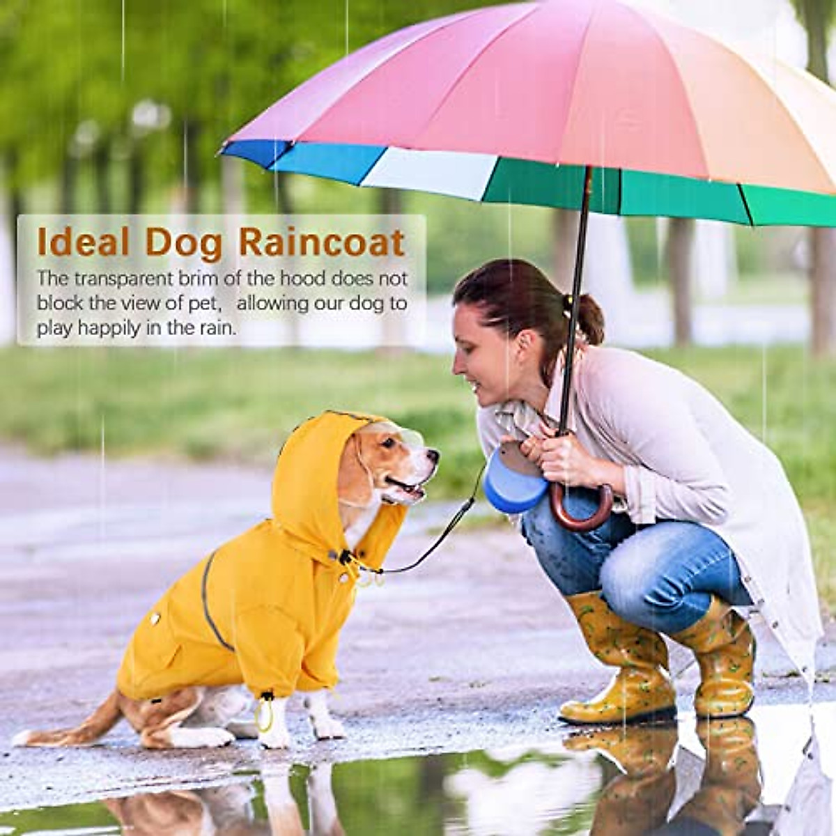 Dog Raincoat, Hooded Waterproof Pet Poncho, Adjustable Dog Rain Jacket Slicker with Harness Hole for Small Medium Large Dogs, Reflective Dog Outfit Apparel Puppies Outdoor Clothes in Rainy Day