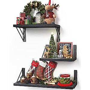 BAYKA Floating Shelves for Bedroom Decor, Rustic Wood Wall Shelves for Living Room Wall Mounted, Hanging Shelving for Bathroom, Laundry Room, Small Shelf for Plants, Books(Black,Set of 3)