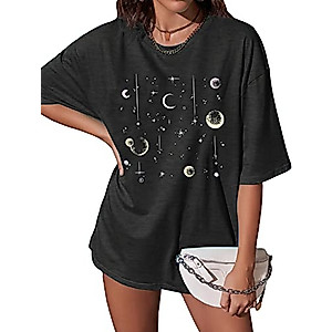 Moon Shirts Women Oversized Fashion Celestia T-Shirt Vintage Phase Moon Shirts Astronomy Graphic Short Sleeve Tee Tops Dark Grey