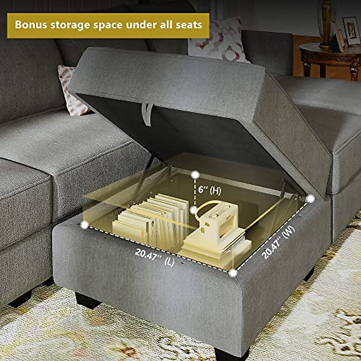 HONBAY Modular Sofa Sectional Couch U Shape Sofa with Ottomans Reversible Sectional Sleeper Sofa Modular Couch Bed with Storage, Grey